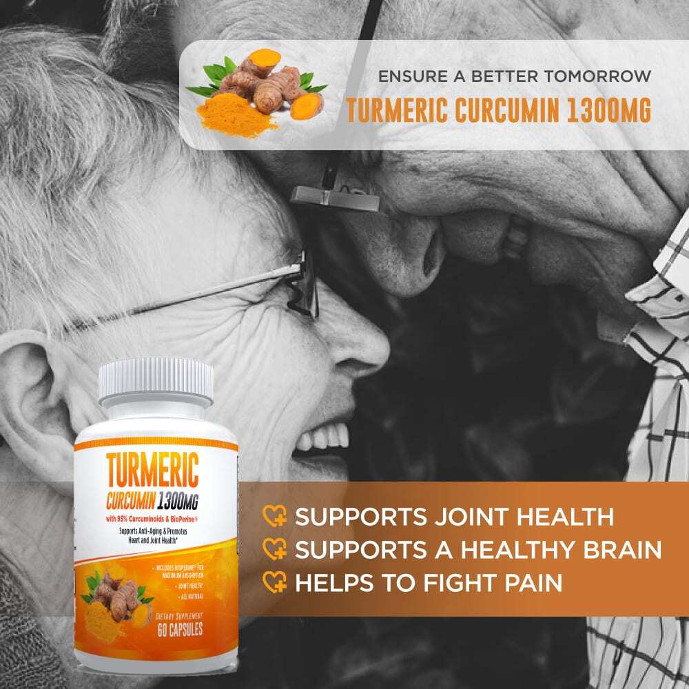 Natural Turmeric Curcumin (95%) 1300mg Supplement - 60 Capsules ...