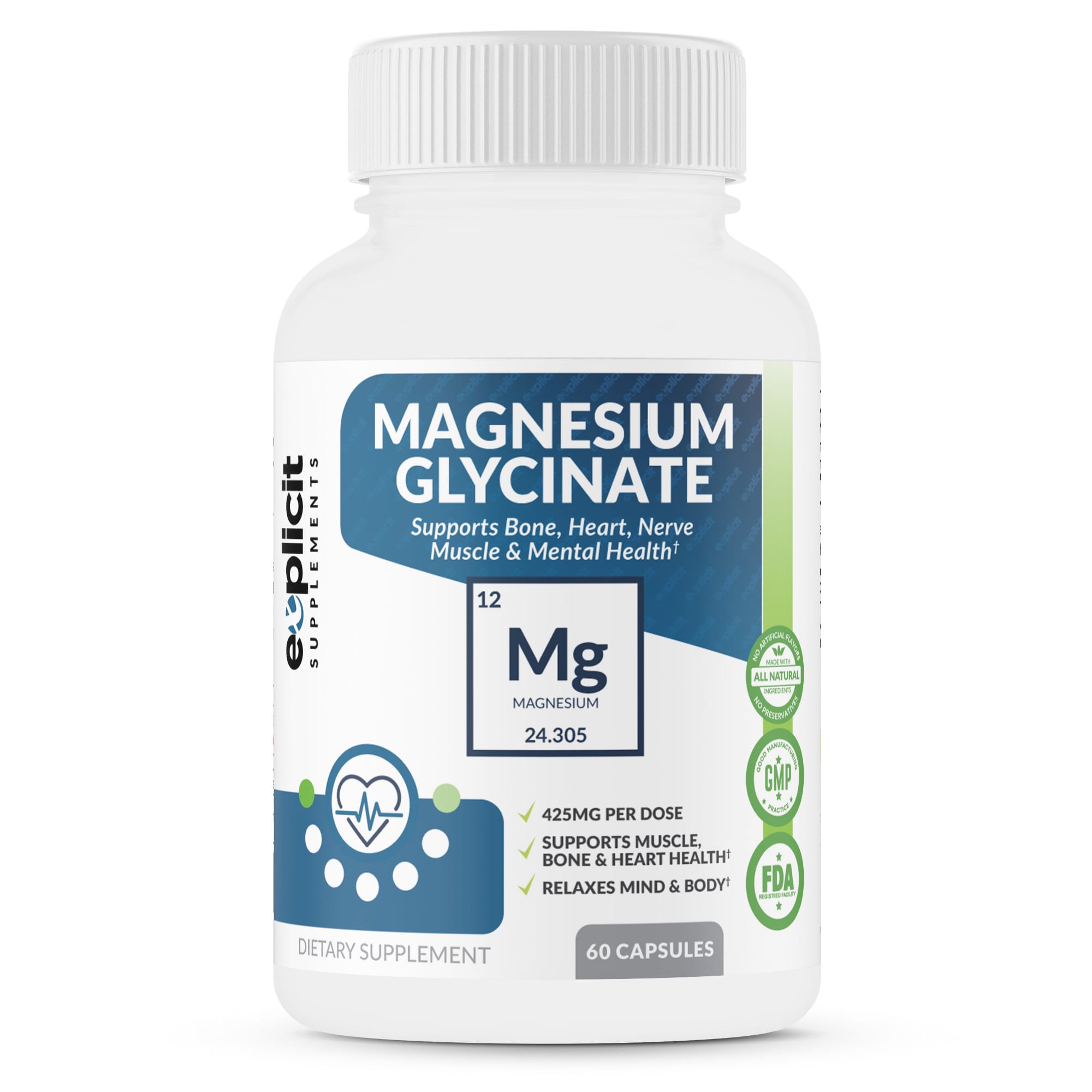 Pure Magnesium Glycinate 425mg Chelated - 60 Capsules ...