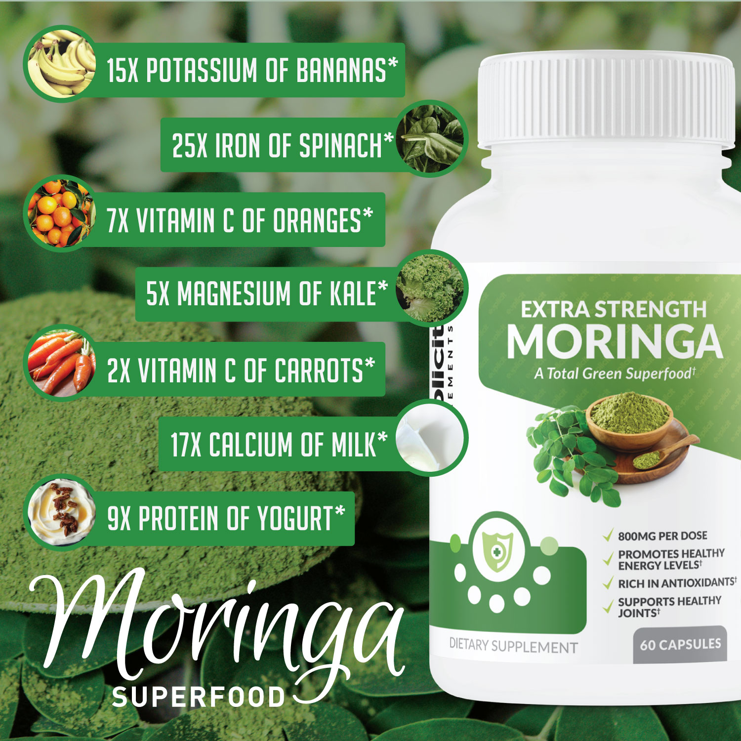 Extra Strength Moringa Capsules - 800mg Moringa Oleifera Green ...