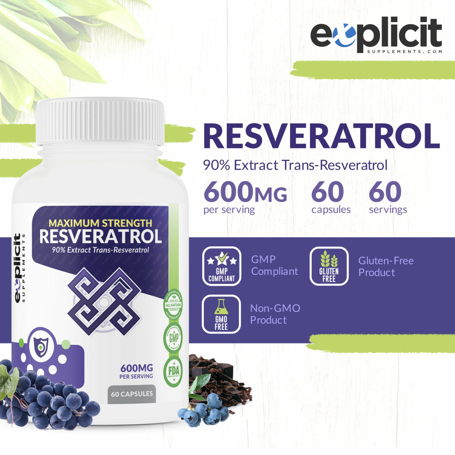 All Natural & Pure Resveratrol – 1200mg - 60 Capsules ...